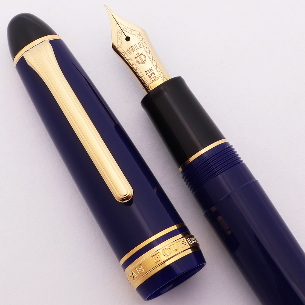 Sailor 1911L 21k Fountain Pen - Blue w Black Ends, Gold Trim, Fine 21k Nib (Excellent In Box ...